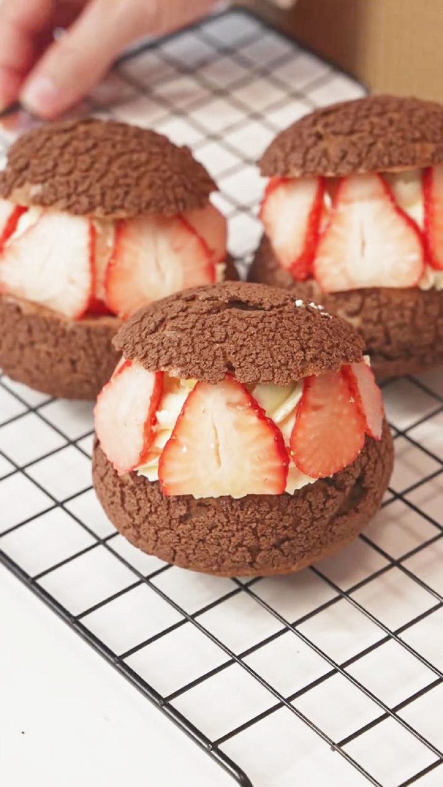Chocolate Cream Puffs with Strawberry Cream Filling - Cafe Deluxe